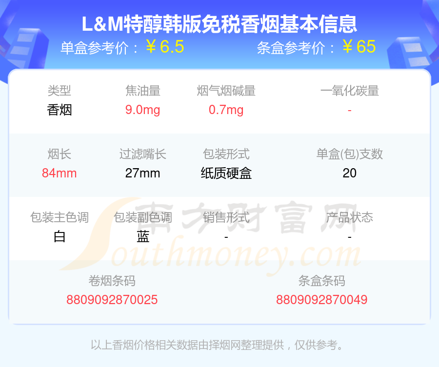 L&M特醇韩版免税香烟价格2025查询 - 南方财富网
